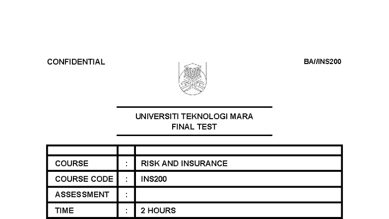 Final Test INS200: Risk and Insurance Exam Questions - Studocu