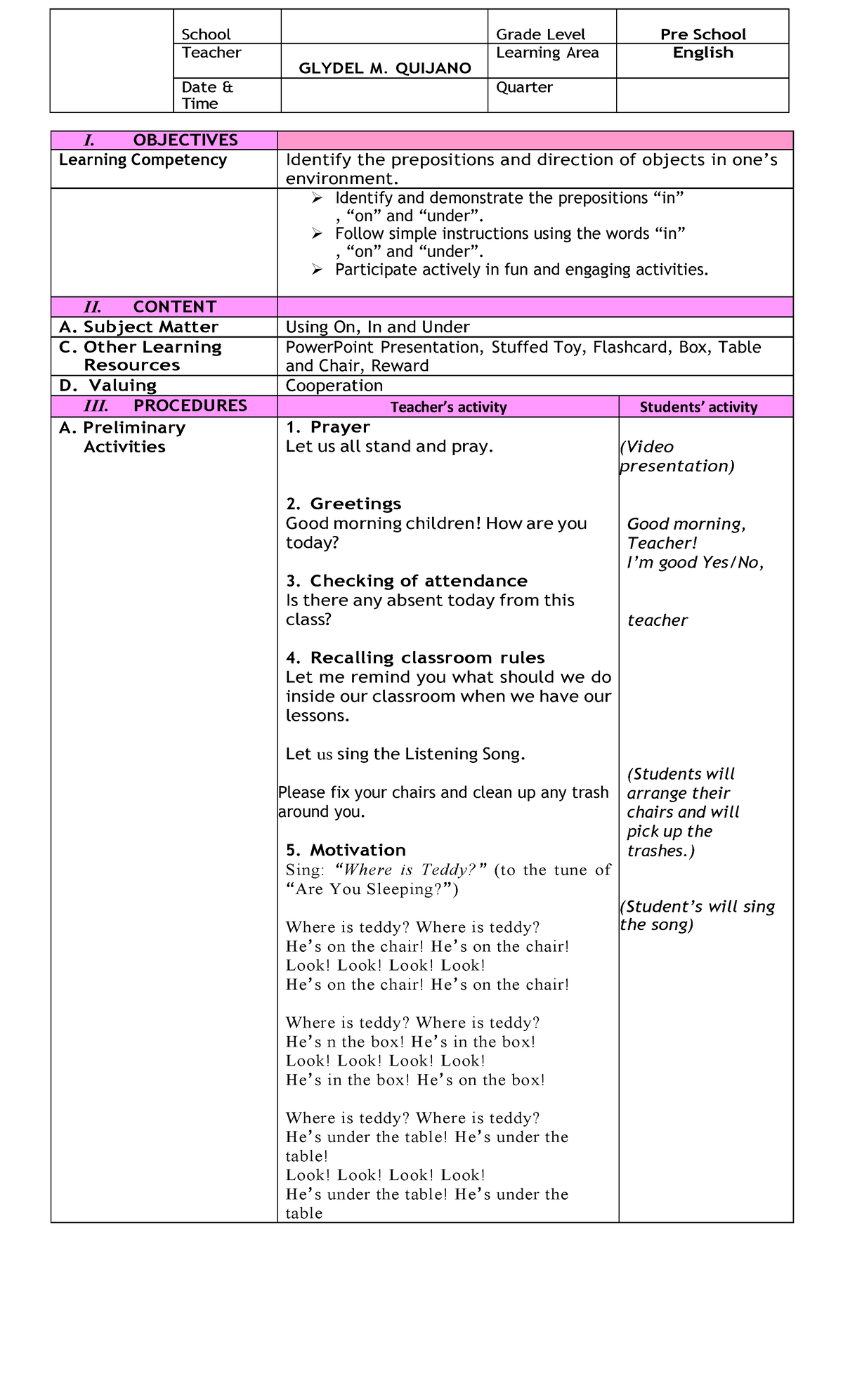 Pre School English Lesson Plan: Understanding Prepositions (On, In ...