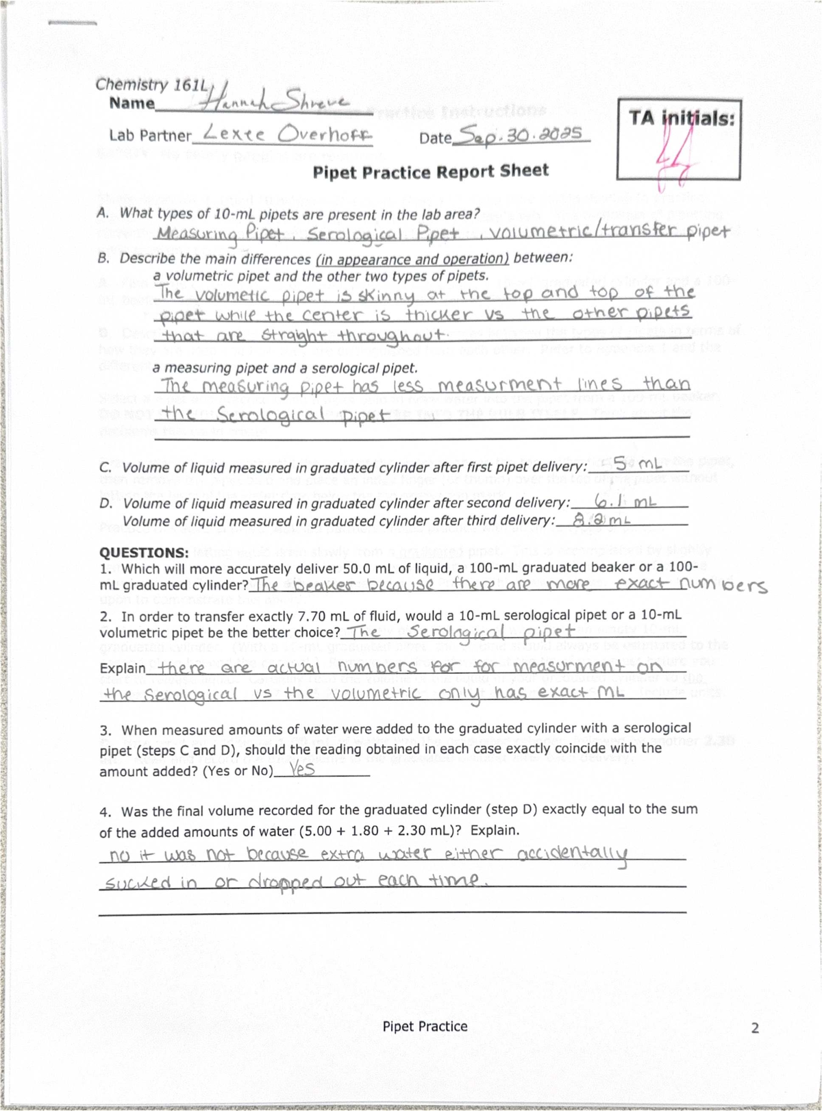 Chemistry 161L Lab: Pipet Practice Report by Hannah Shreve - Studocu
