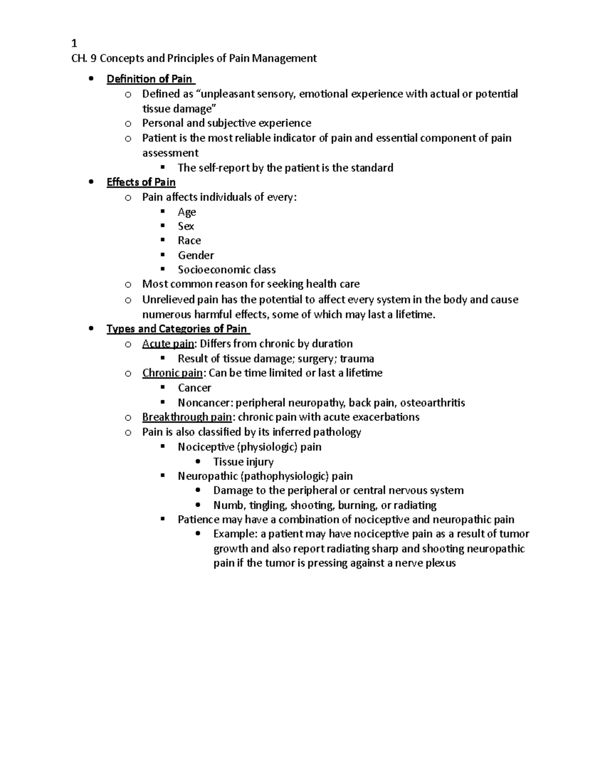 CH. 9 Concepts and Principles of Pain Management - 1 CH. 9 Concepts and ...
