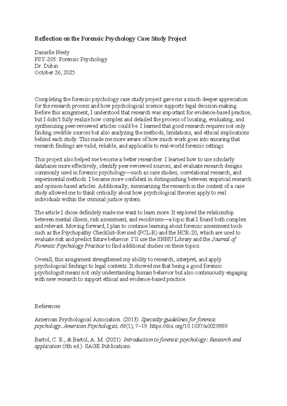 PSY 205 Reflection on Forensic Psychology Case Study Project - Studocu