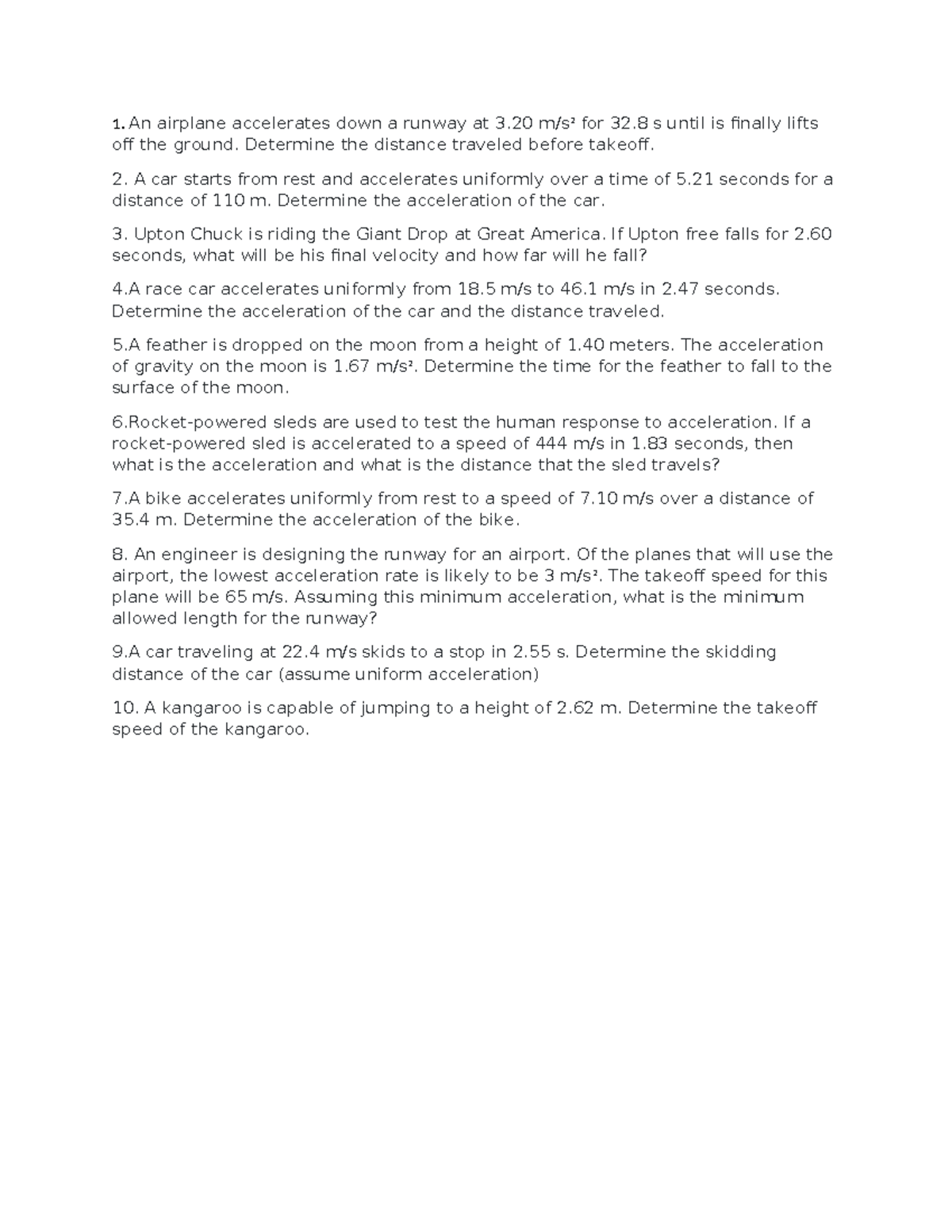 Uniform Acceleration Activity: Physics Problems & Solutions - Studocu