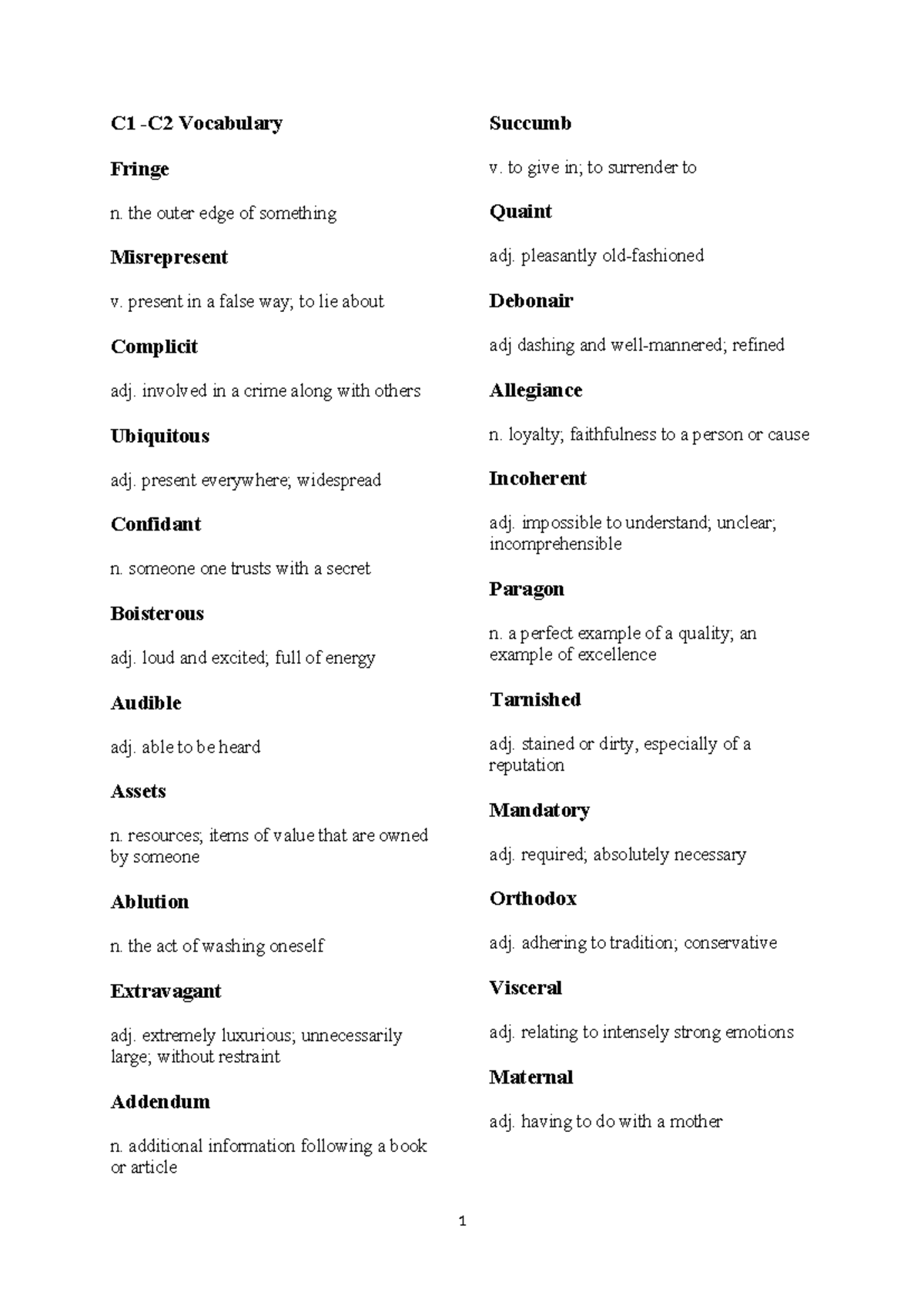 C1 C2 Vocabulary List: Essential Terms and Definitions - Studocu