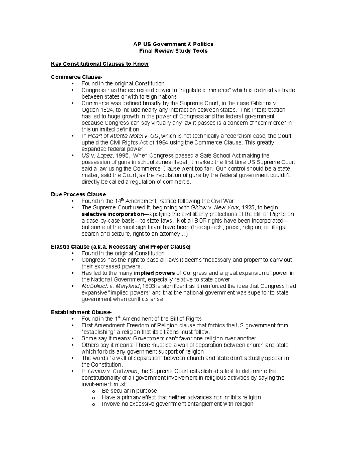 AP US Gov - Final Review: Constitutional Clauses & Checks and Balances ...