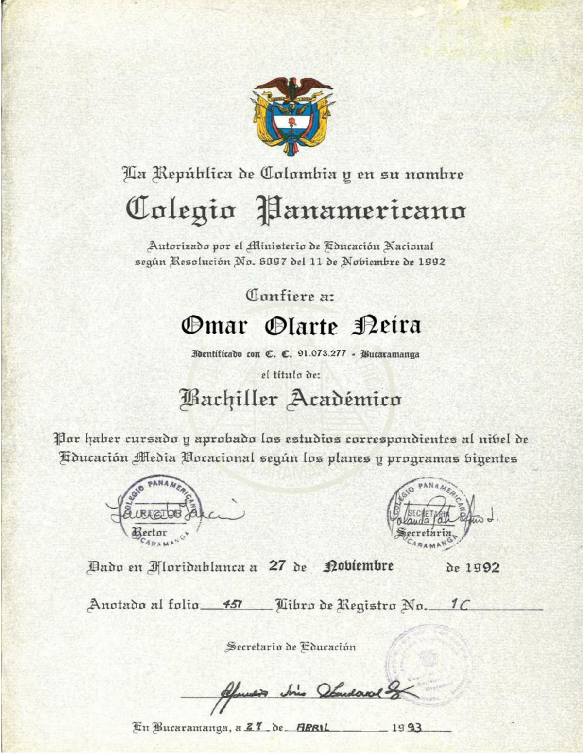 Diploma Omar Olarte - Estamos vinculados - La República de Colombia g ...