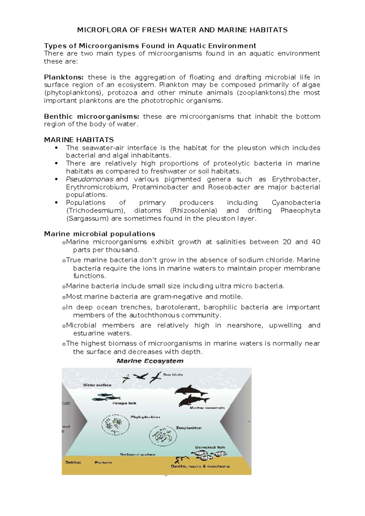 MICROFLORA IN AQUATIC ENVIRONMENTS: FRESHWATER & MARINE HABITATS - Studocu