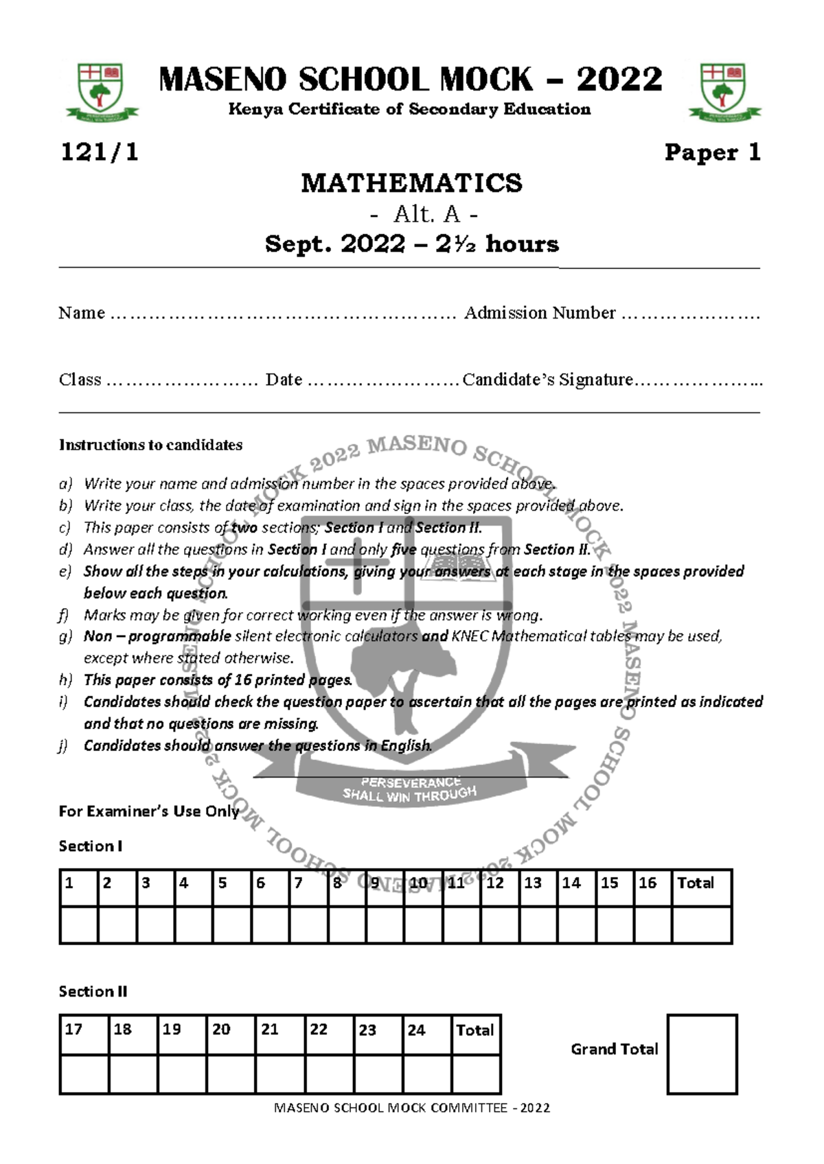 Mathematics KCSE Mock Exam 121/1 Paper 1 - Maseno High School Nov 2022 ...