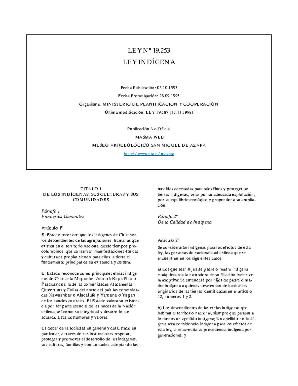 LEY Nº 19.253: Ley Indígena de Chile y sus Disposiciones Clave - Studocu