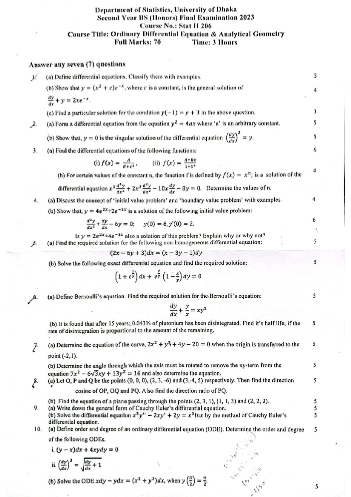 Ordinary Differential Equations & Analytical Geometry - Stat H 206 ...