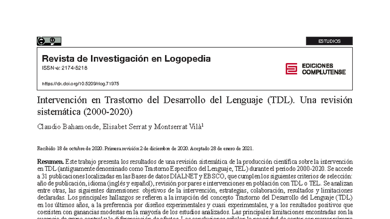 Revisión Sistemática sobre Intervención en Trastorno del Desarrollo del Lenguaje - Studocu