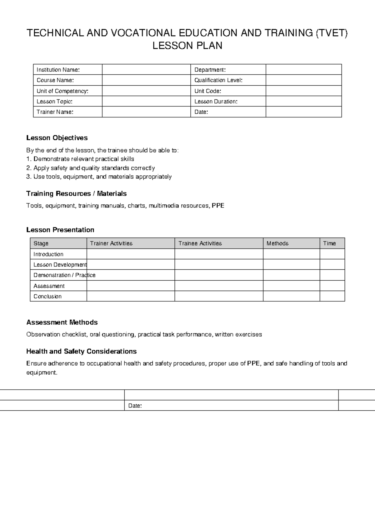 TVET Lesson Plan Template for Practical Skills Training - Studocu