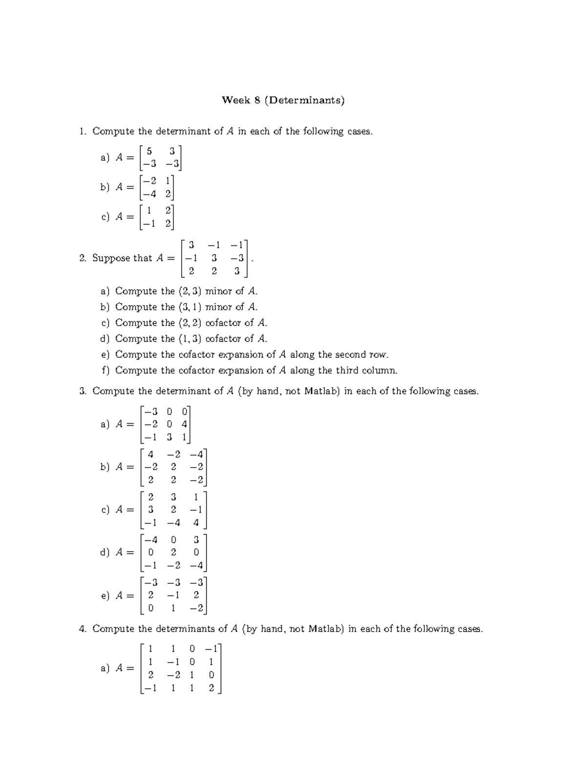 MA123 W8 Homework - Determinants Practice Problems - Studocu