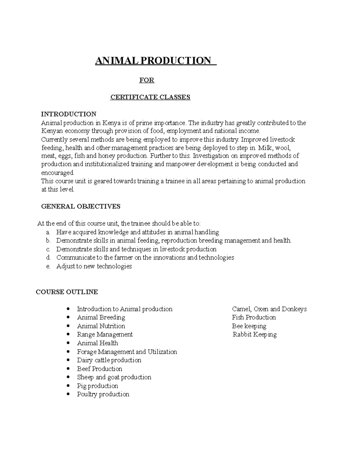 Animal Production Notes - ANIMAL PRODUCTION FOR CERTIFICATE CLASSES ...