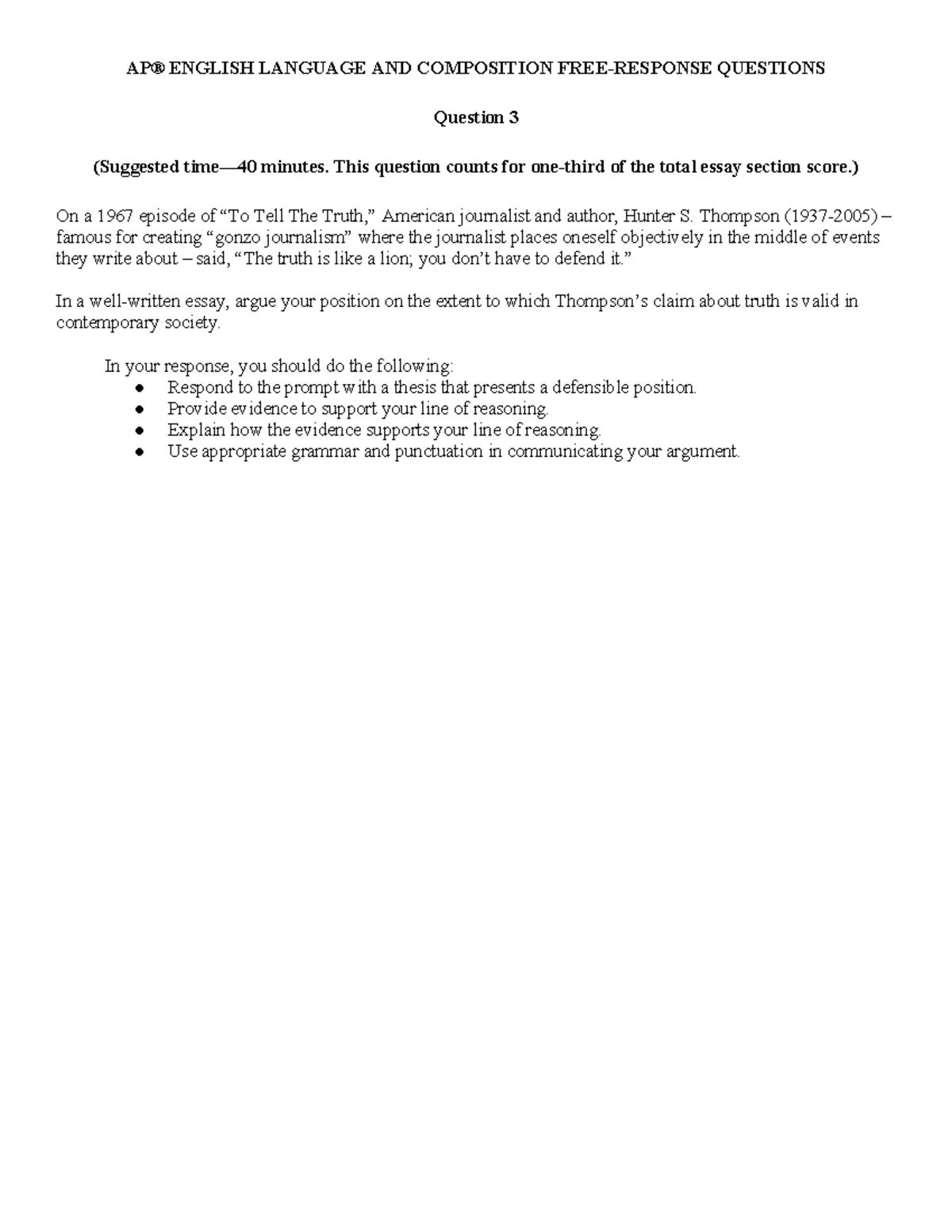 Truth Prompt - Argument - AP® ENGLISH LANGUAGE AND COMPOSITION FREE ...