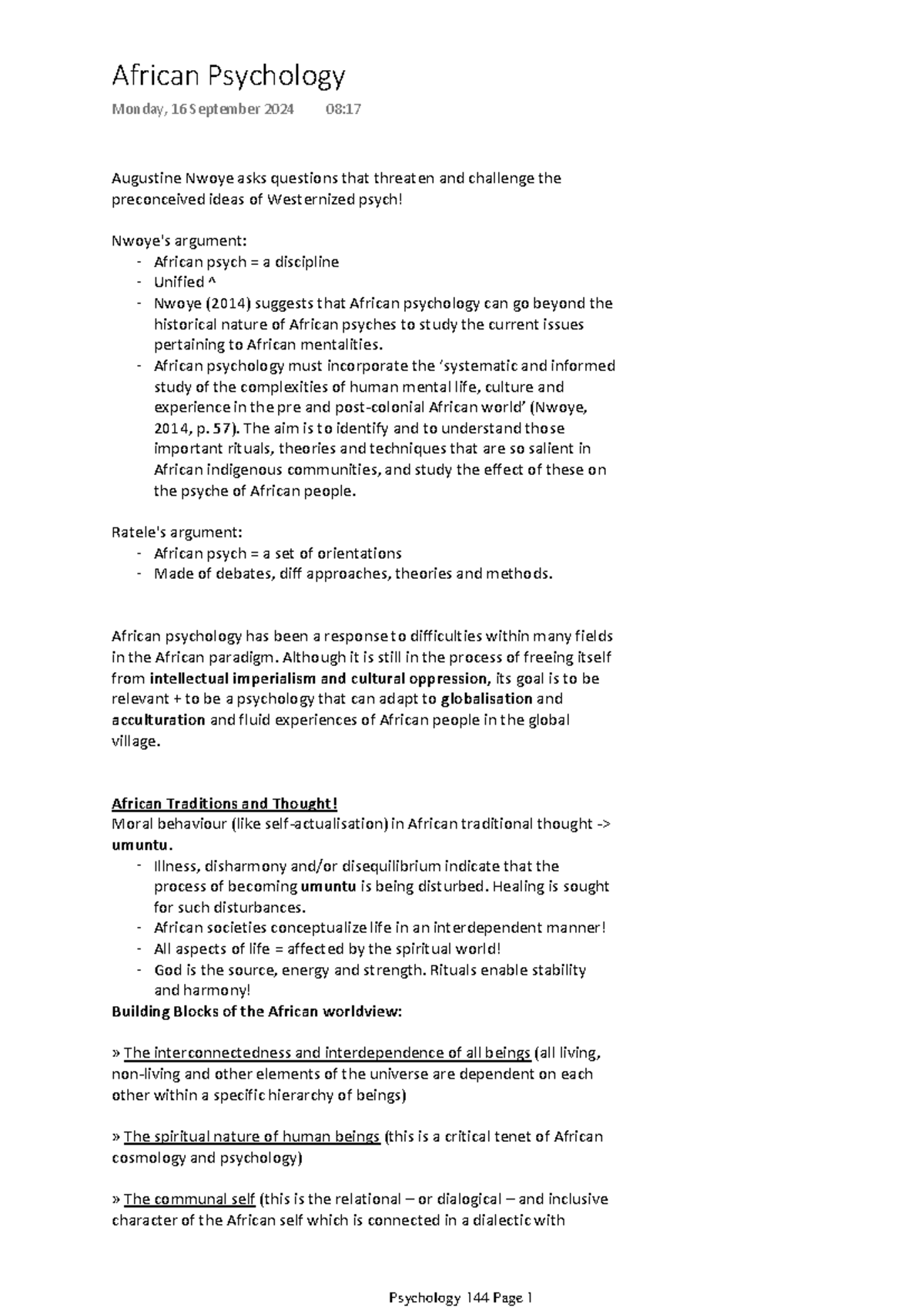 African Psychology - African psychology must incorporate the ...