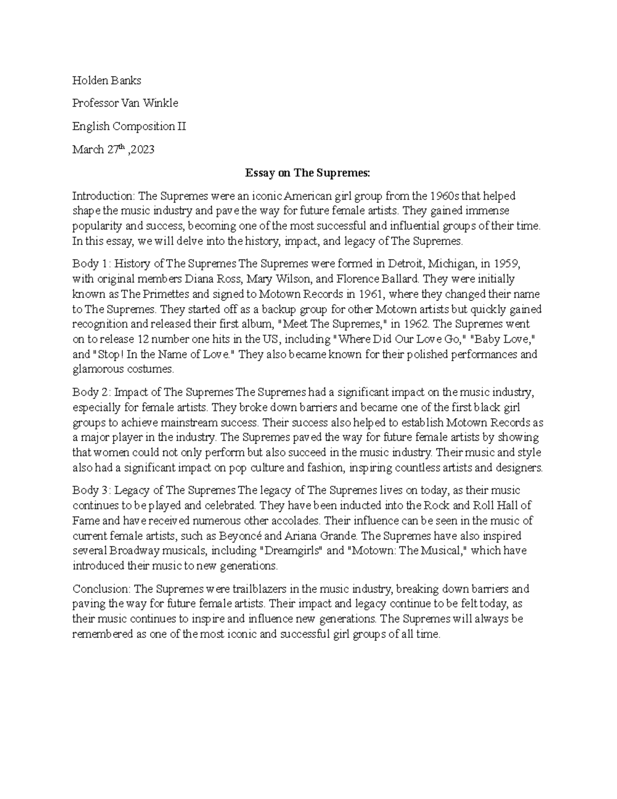 Essay on the Supremes: - Holden Banks Professor Van Winkle English ...