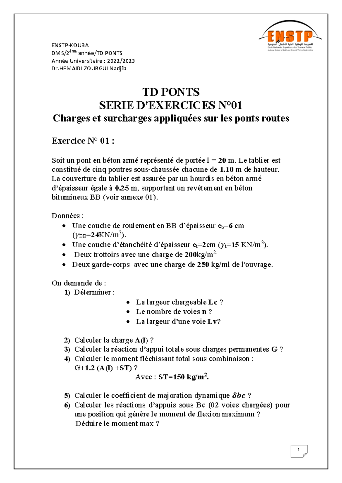 Sol exo 02 serie N°01 V2 - td1 sol exo2 - ENSTP-KOUBA DMS/2ème année/TD PONTS Année ...