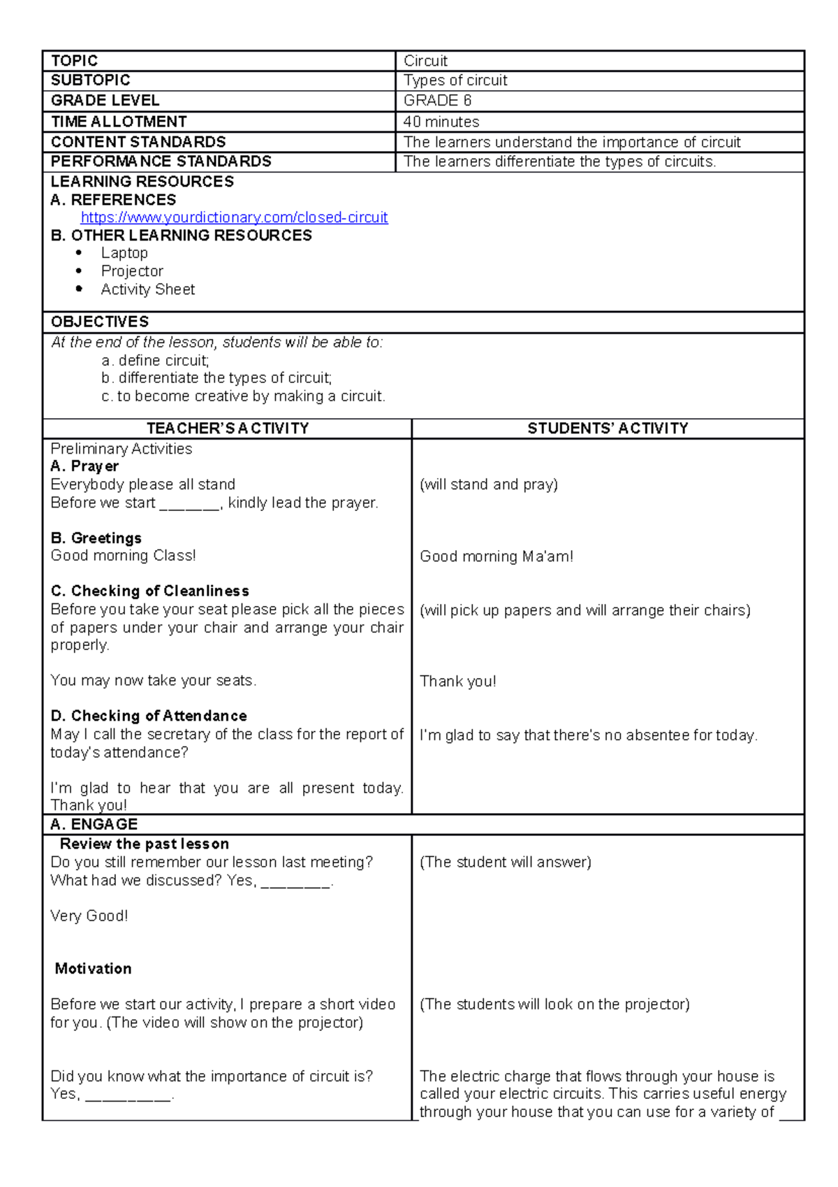 Lesson Plan: Understanding Circuits - Grade 6 BEED-1A - Studocu