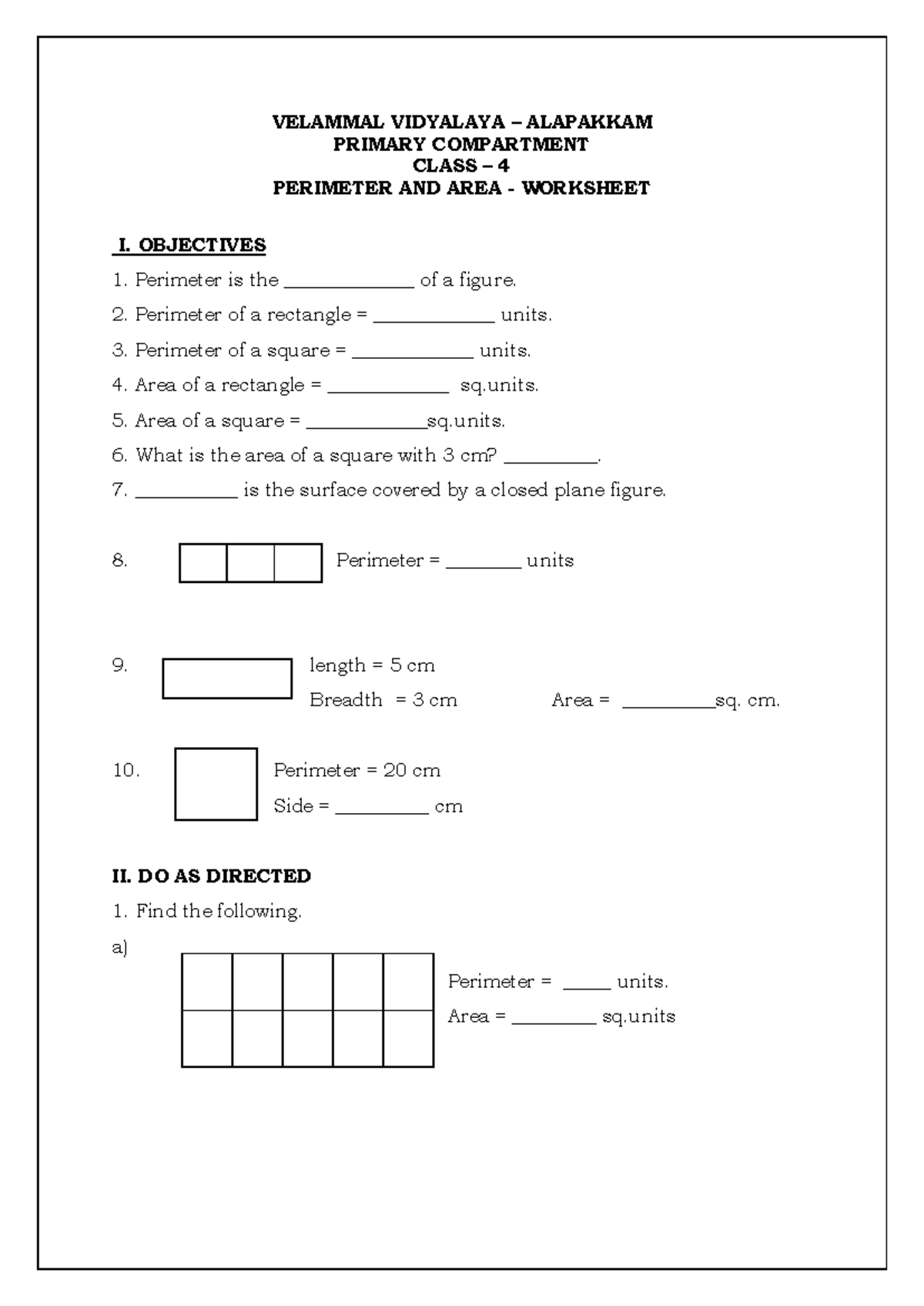 Class 4 Worksheet: Perimeter and Area Concepts - Studocu