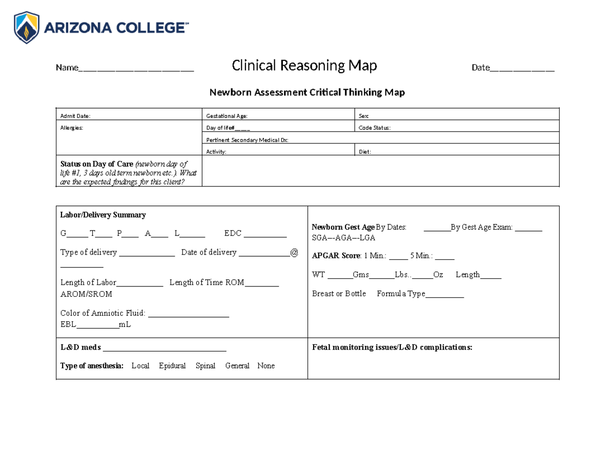 Newborn Assessment Critical Thinking Map - Rev 02 for Nursing Care ...