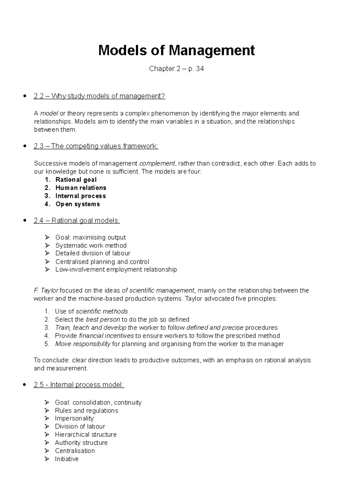 Chapter 2 -Models of Management - Models of Management Chapter 2 p. 34 ...