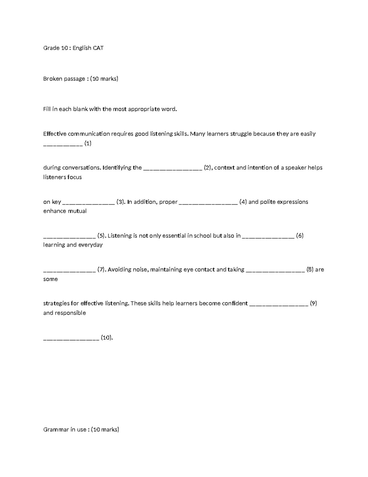 Grade 10: English CAT - Effective Listening & Grammar Skills - Studocu
