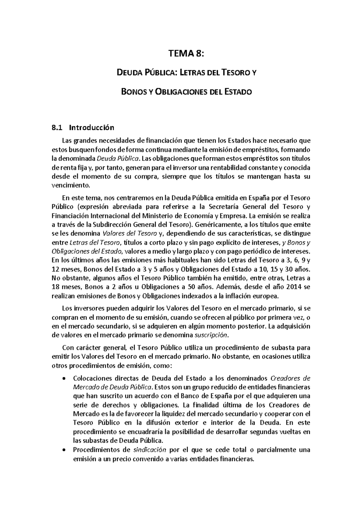 Tema 8: Deuda Pública - Letras del Tesoro y Bonos del Estado - Studocu