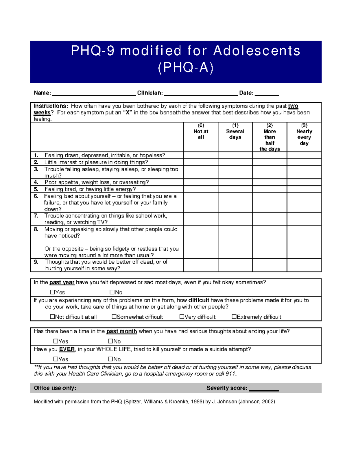 PHQ Form for Adolescents: Clinician Instructions & Assessment - Studocu