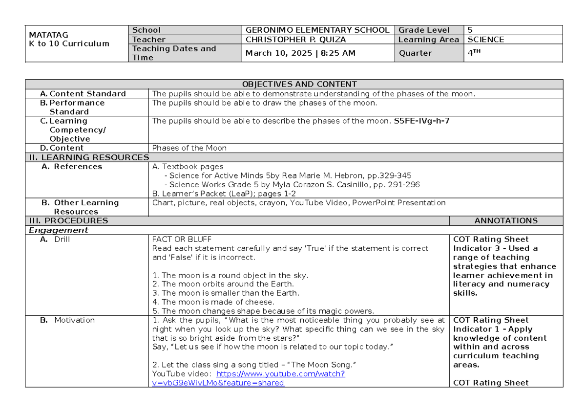 CO-Q4-5 Science - Sample Lesson Plan on Phases of the Moon - Studocu