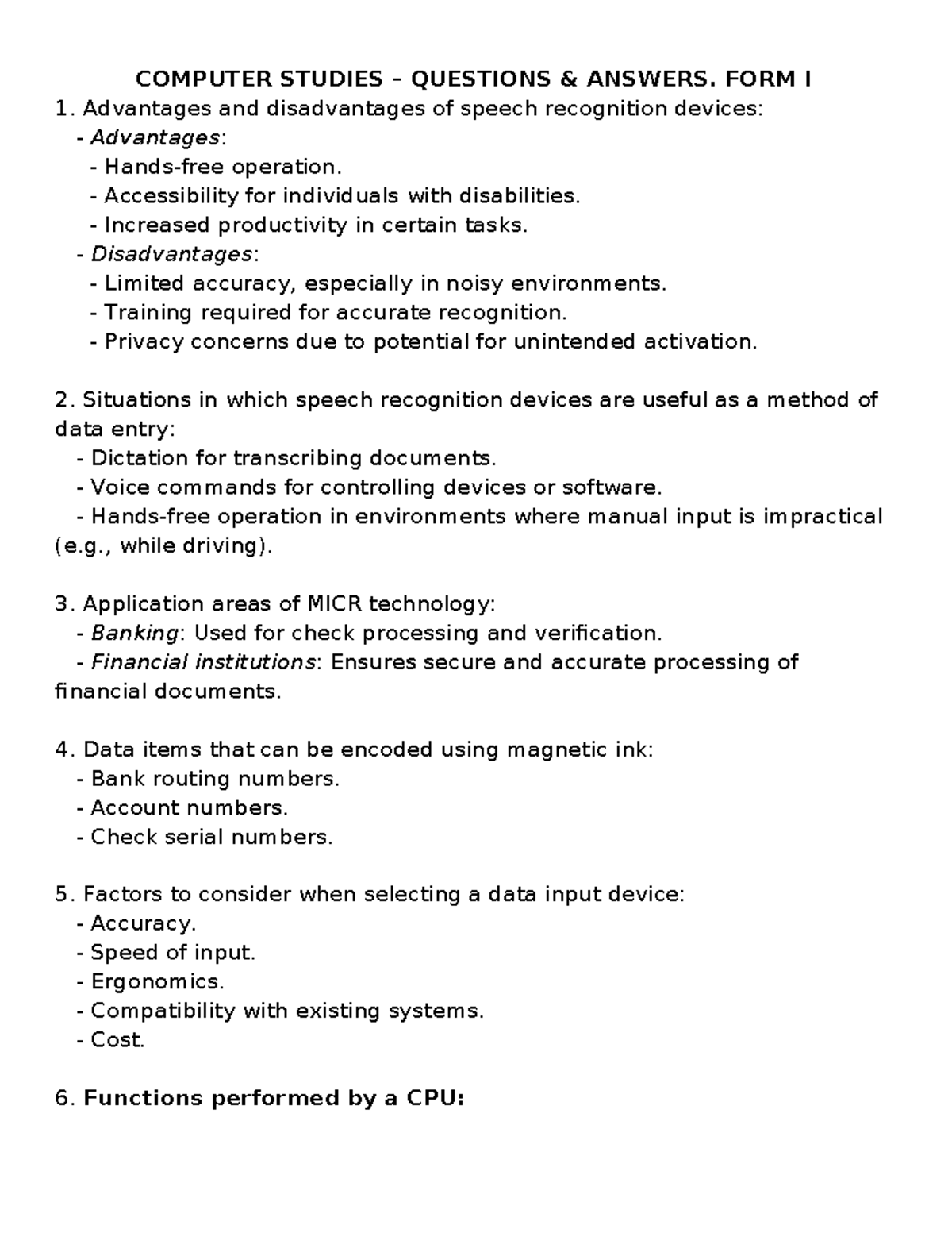 Computer Studies - Q&A on Speech Recognition & CPU Functions - FORM I ...