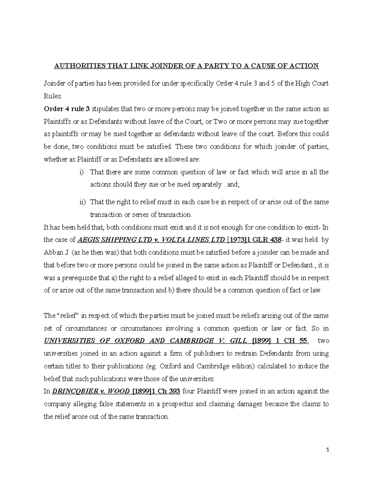 Authorities on Joinder of Parties to a Cause of Action - Studocu