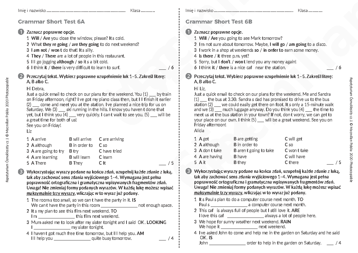 Unit 6 Short Test: Grammar A & B (Klasa) - Studocu
