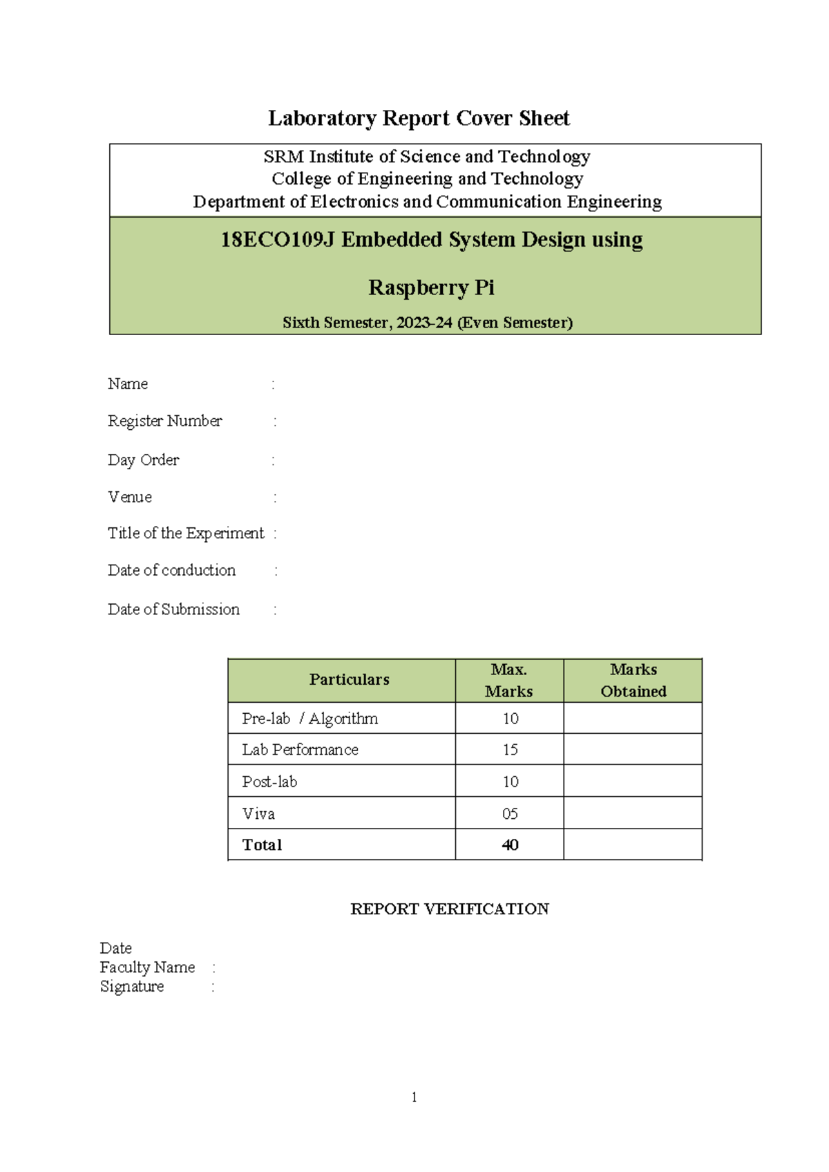 Laboratory Report for 18ECO109J: Embedded System Design Experiments 1 ...