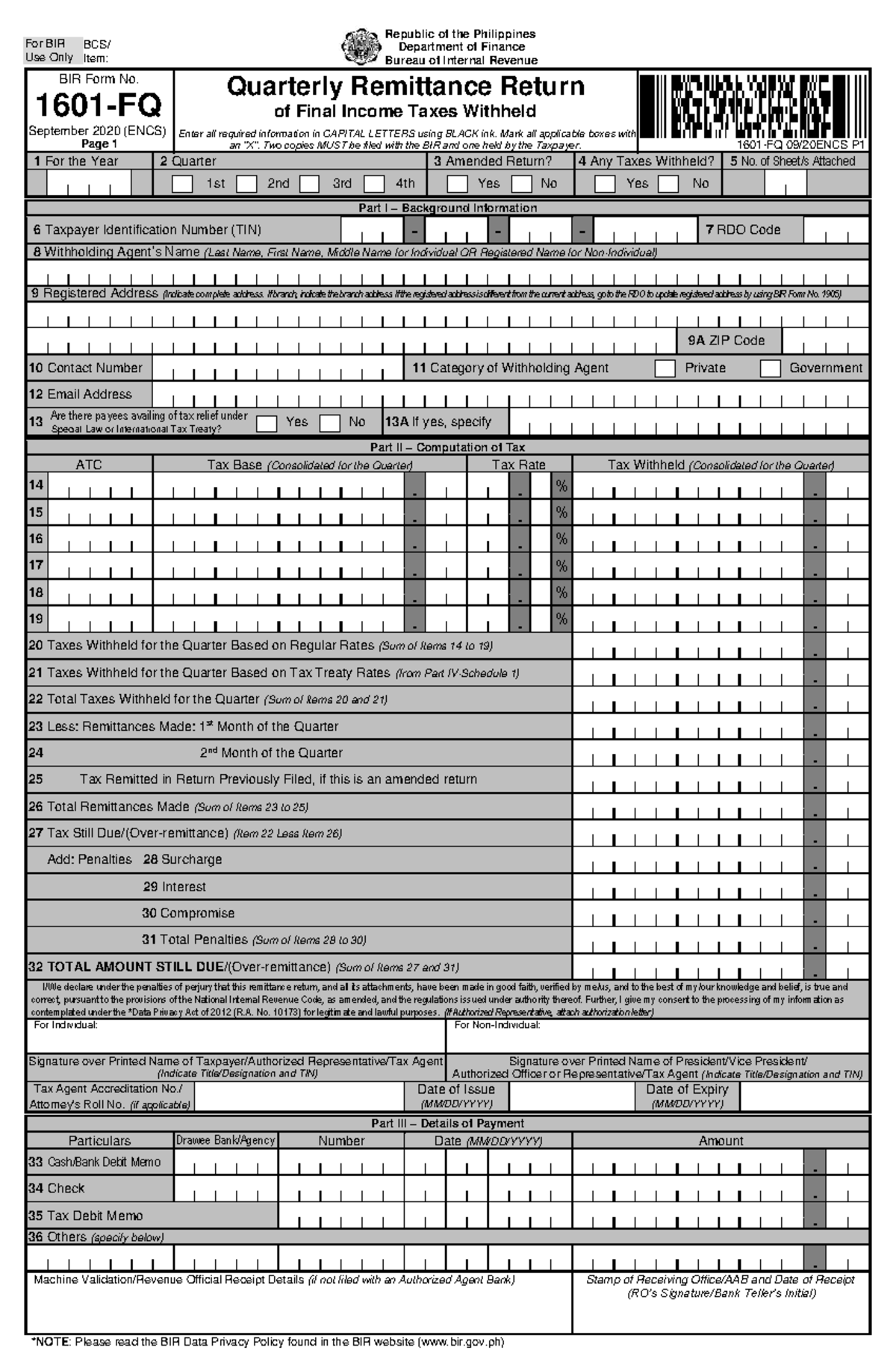 BIR Form 1601-FQ 2020: Final Tax Remittance Return Notes - Studocu