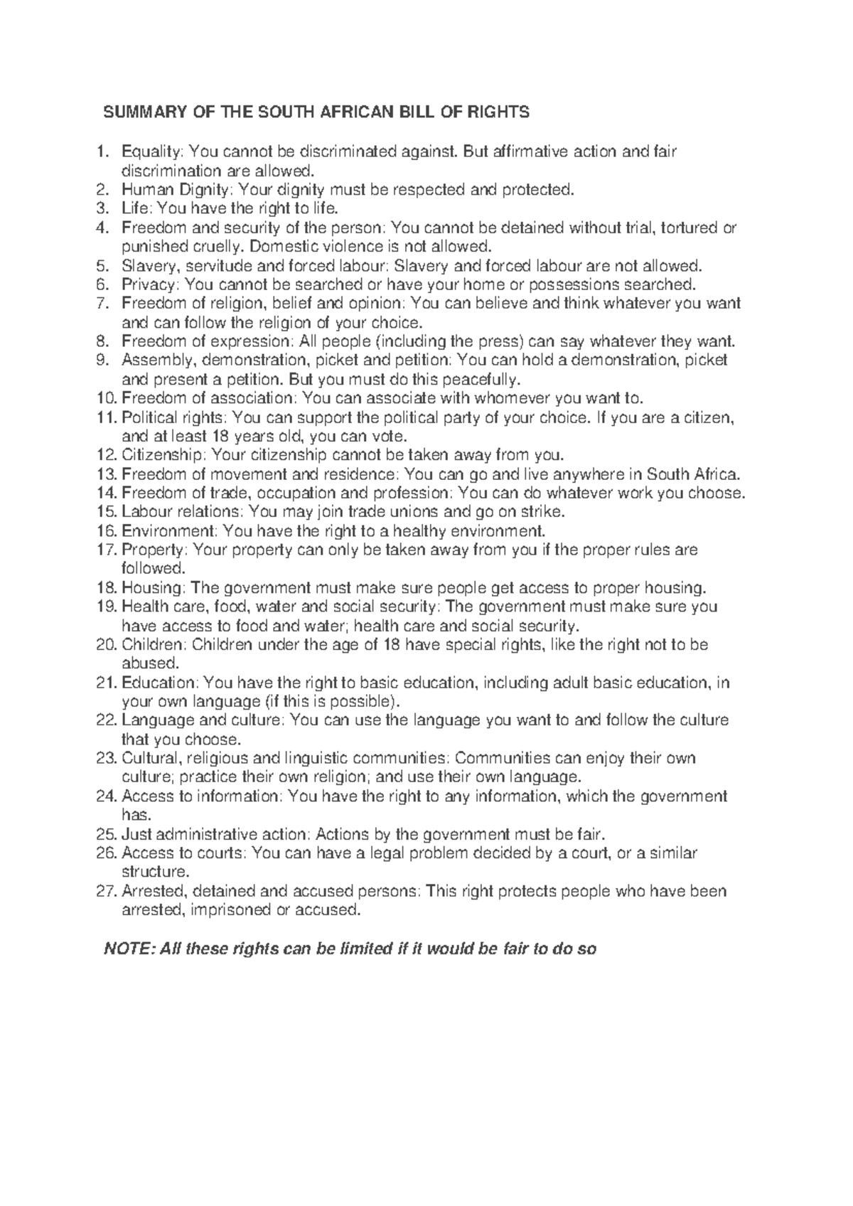 2020 Summary of the South African Bill of Rights Overview - Studocu