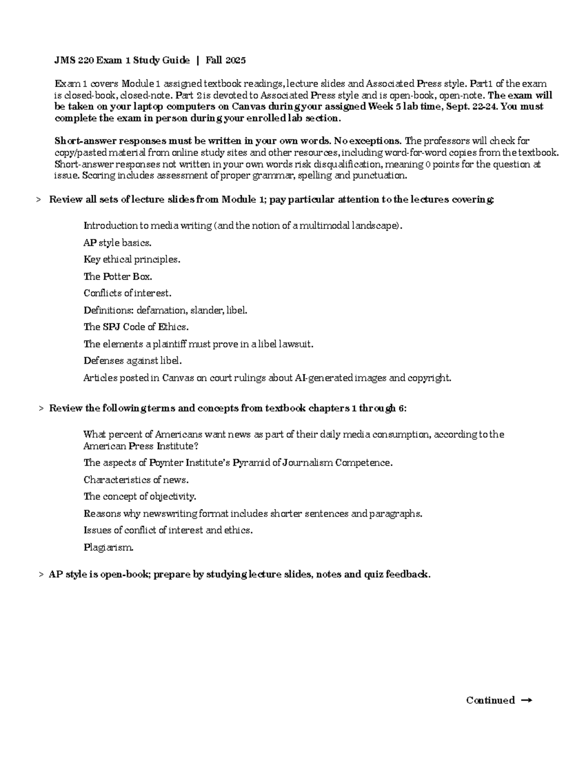 JMS 220 Exam 1 Study Guide: Module 1 Readings & AP Style - Studocu