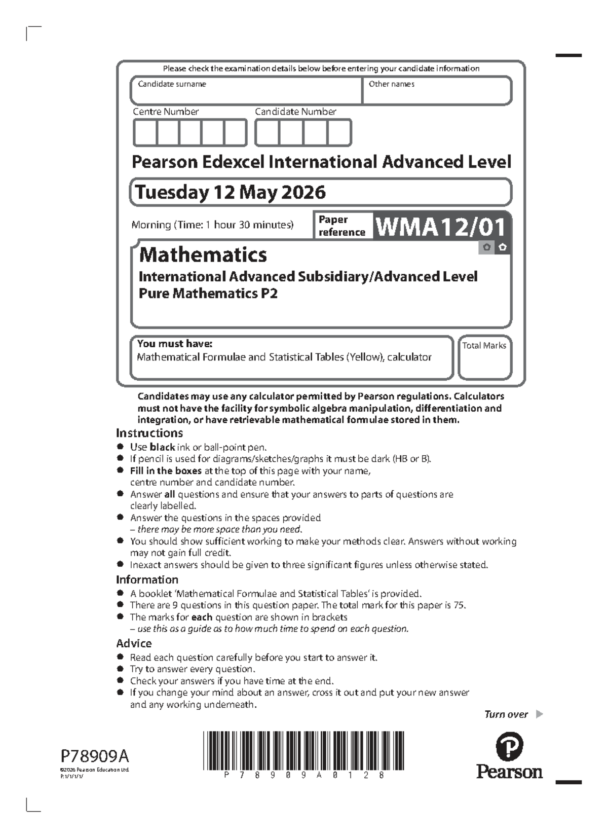 2606 IAL Pure Mathematics P2 Exam Instructions - June 2026 - Studocu
