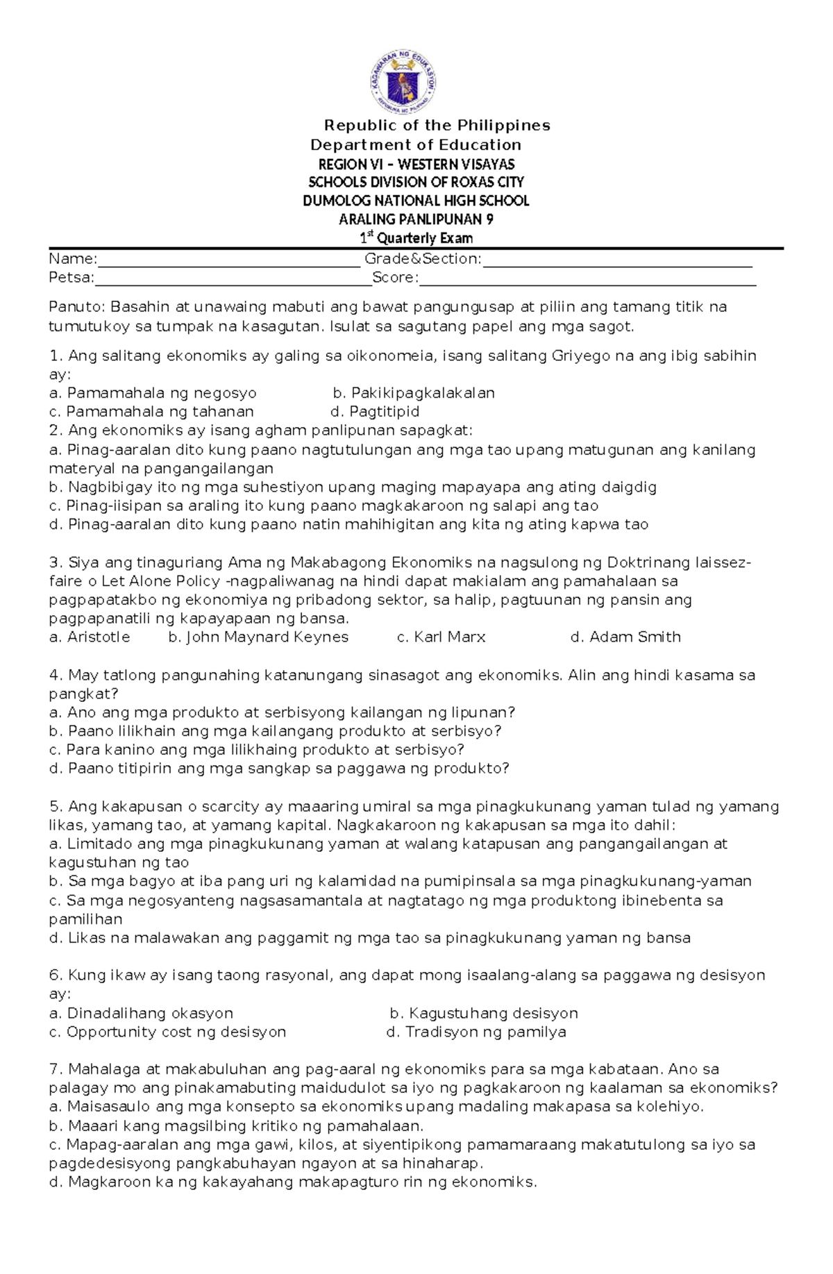 AP 9 1st Quarterly Exam Review on Economics Concepts - Studocu