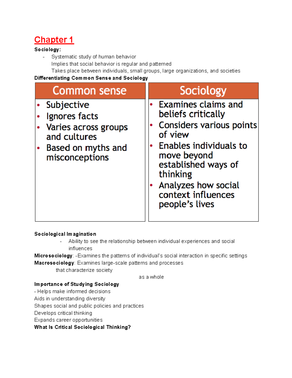Sociology Lecture Notes: Chapters 1 & 2 Overview and Key Concepts - Studocu