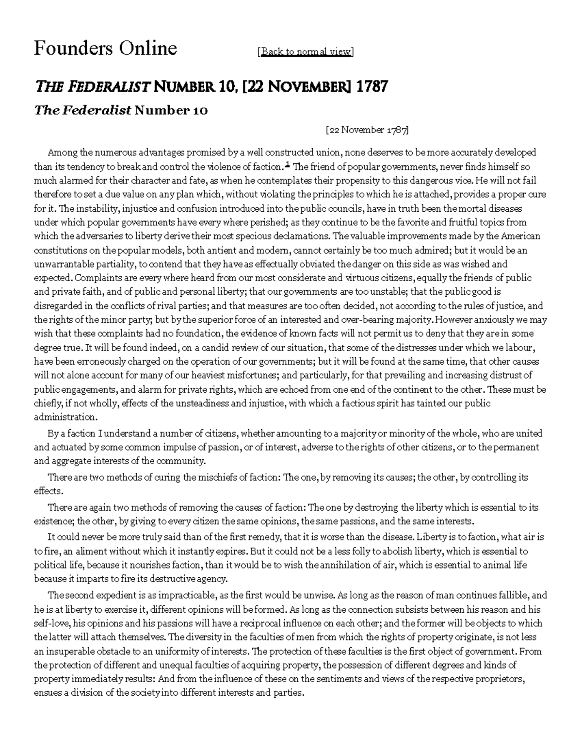 The Federalist No. 10 (1787) - Analyzing Faction and Governance - Studocu
