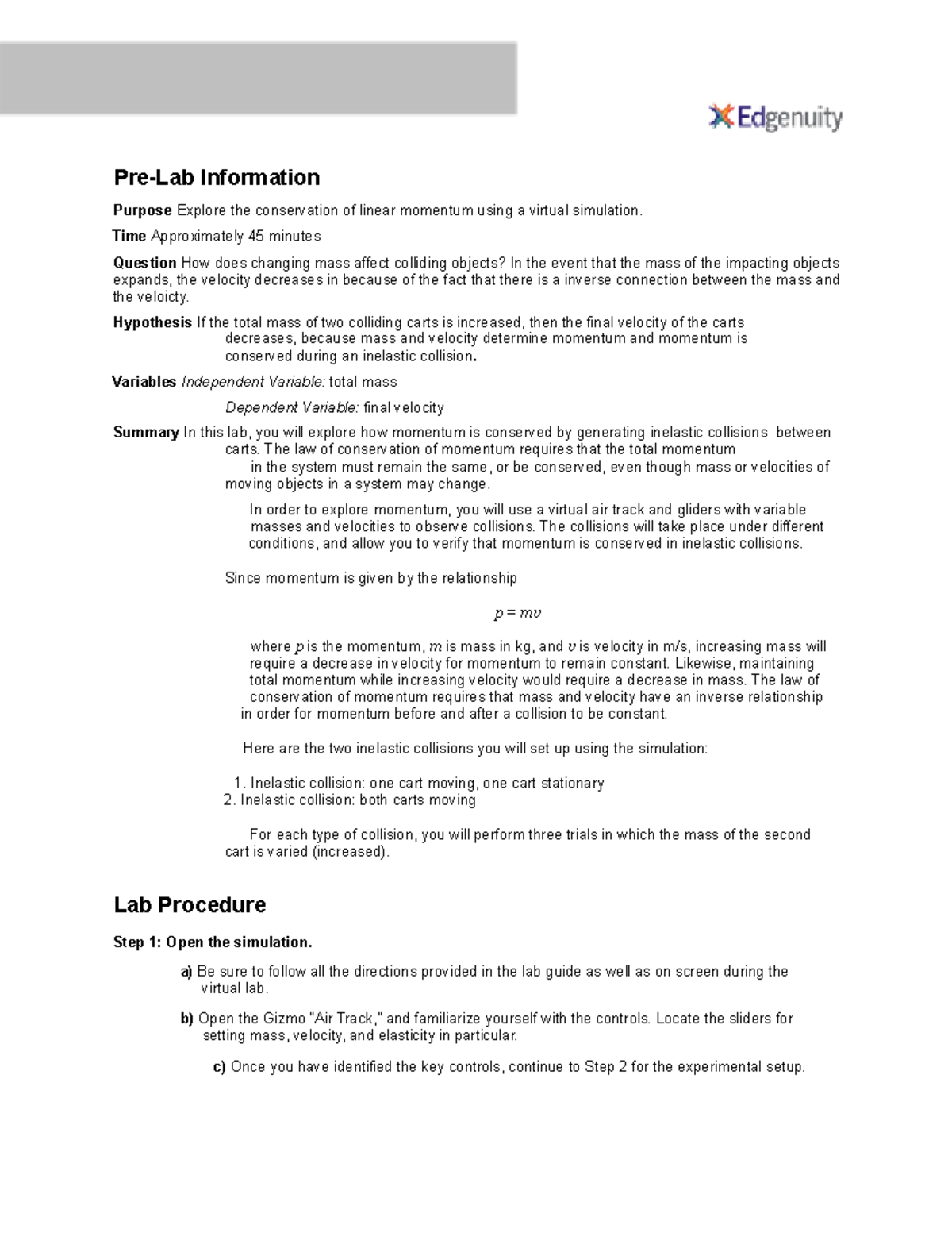 Conservation of Linear Momentum Lab Guide for PHYS 101 - Studocu