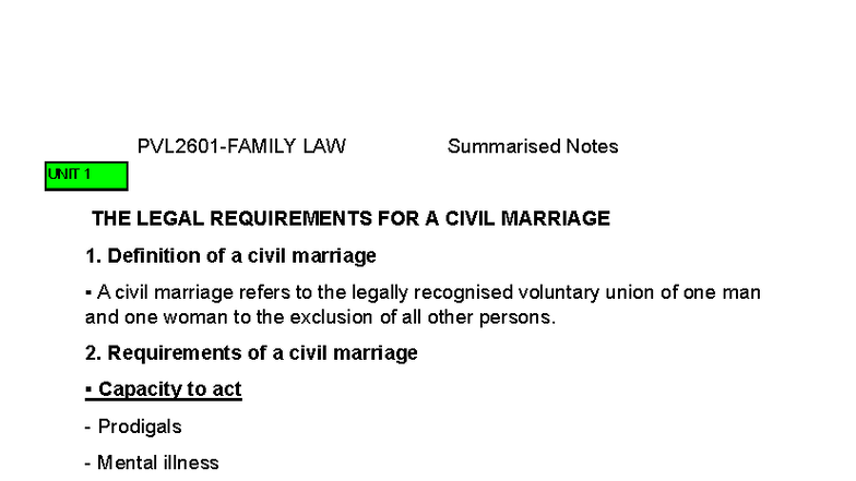 PVL2602 - Summarised Notes on Civil Marriage Requirements and ...