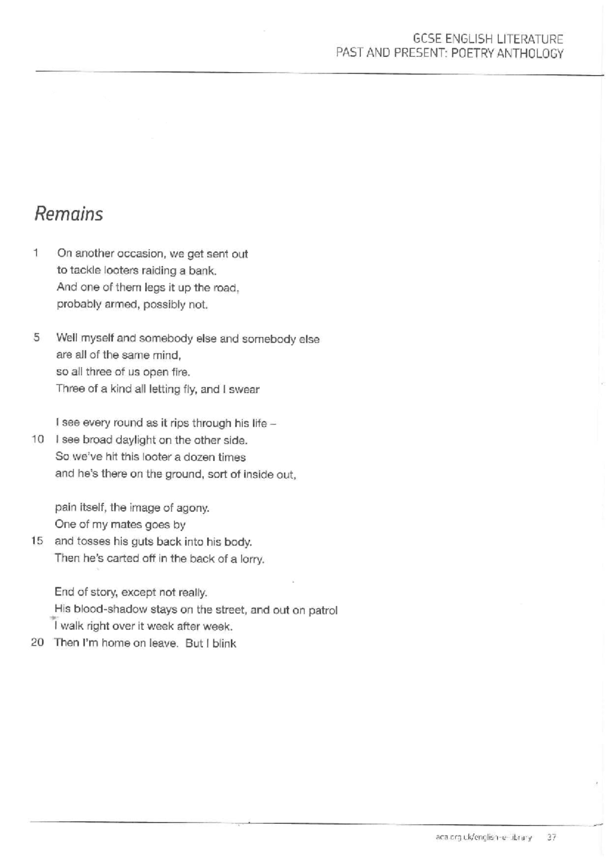 GCSE ENGLISH LITERATURE: POETRY ANTHOLOGY - Remains by Simon Armitage ...