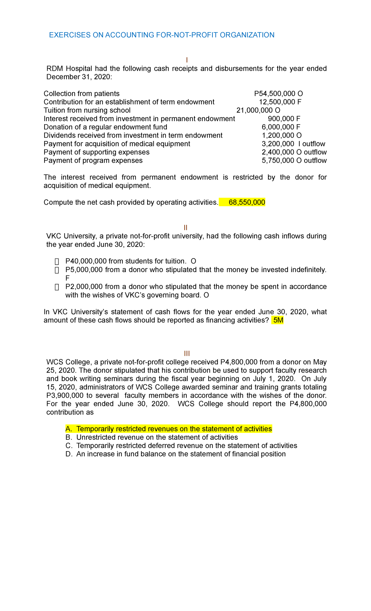 NPO Accounting Exercises for Financial Reporting (ACCT 101) - Studocu