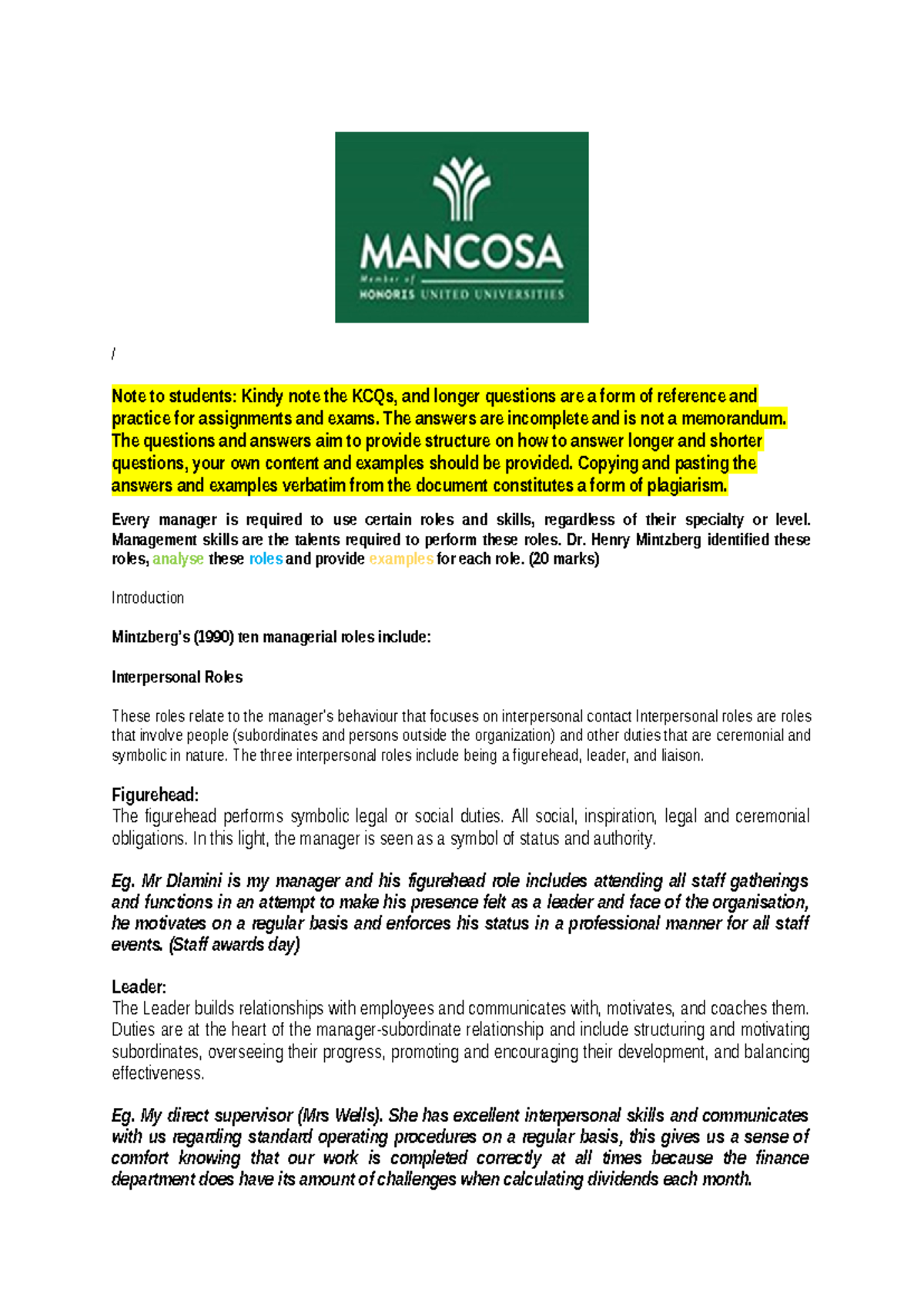 OSA Long Questions & Answers: Analyzing Mintzberg's Managerial Roles - Studocu