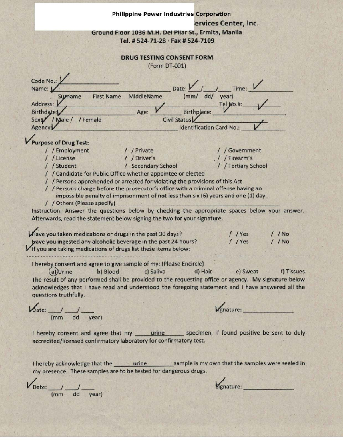 Modified Drug Testing Consent Form (Form Code No.) - Studocu
