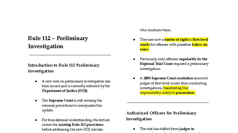 2024 DOJ Circular: Changes to Rule 112 Preliminary Investigation - Studocu