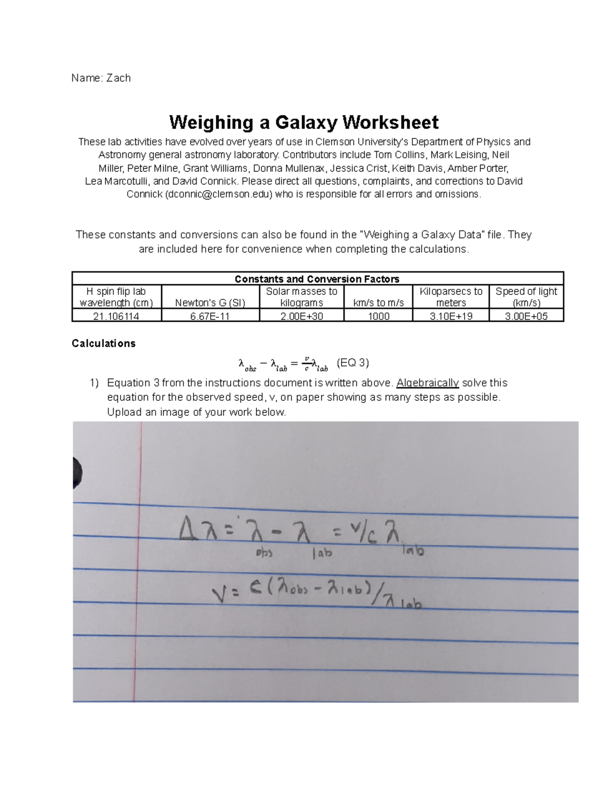 Weighing a Galaxy Worksheet - PHYS 101 Lab Assignment by Zach - Studocu