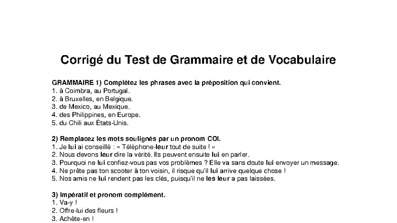 Corrigé du Test de Grammaire et Vocabulaire - GRAMMAIRE 1 - Studocu