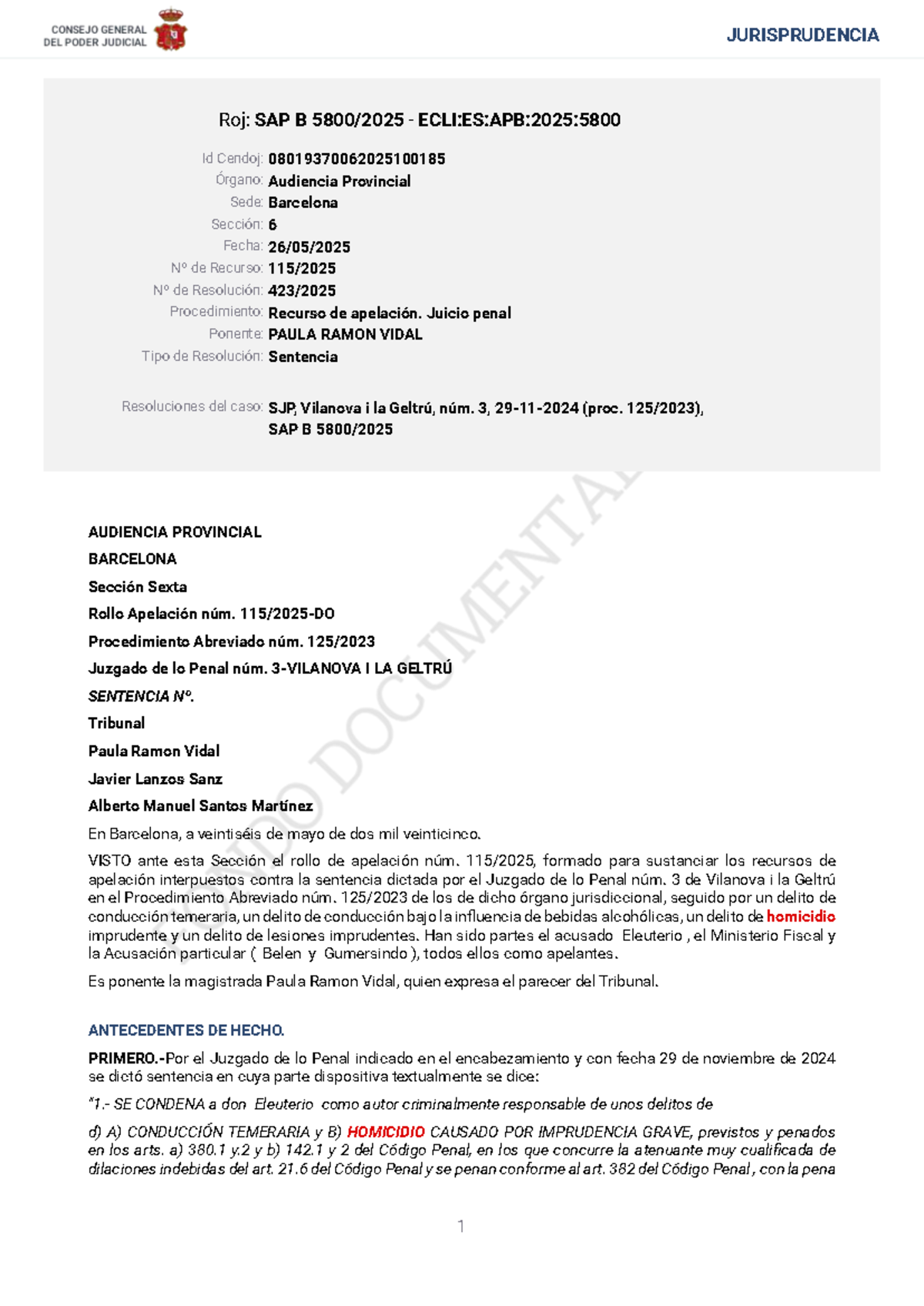 Sentencia de Apelación: Conducción Temeria y Homicidio Imprudente - SAP ...